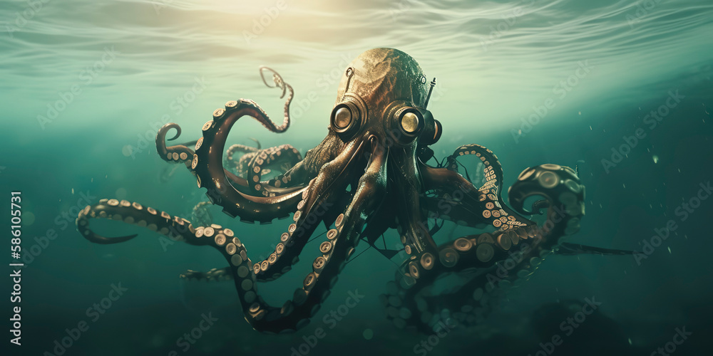 Steampunk octopus with futuristic cyberpunk implants in the ocean ...