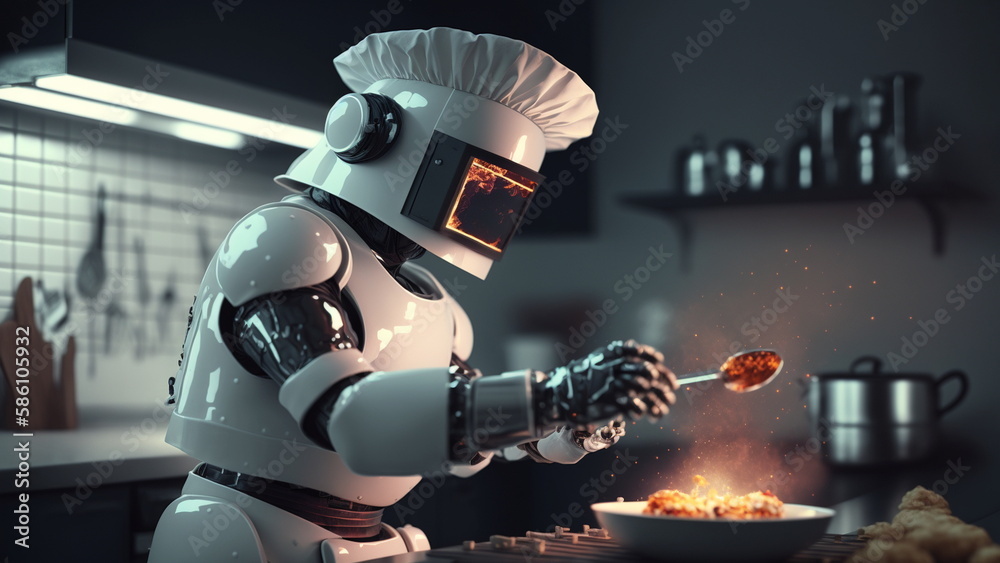 Robot wearing cook hat and apron, holding spoon and making cook in ...