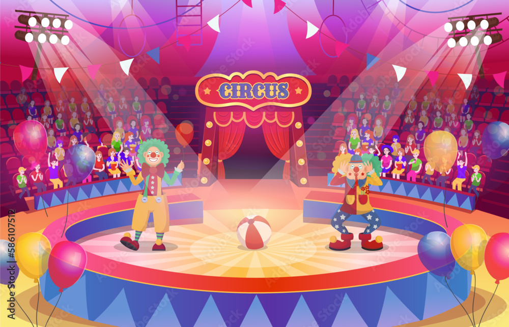 Circus arena with a round stage for the show. Empty stage interior with ...