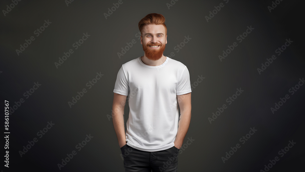 Handsome ginger man with green eyes wearing simple white t- shirt ...