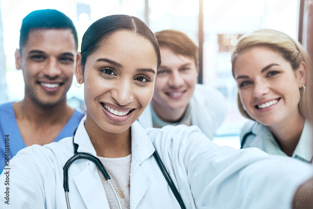 Portrait selfie of doctors, nurses or healthcare group of people for ...