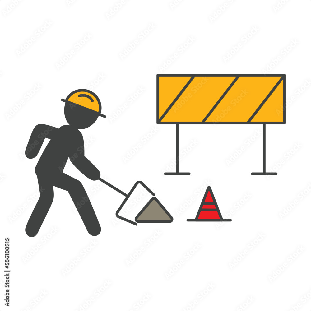 road work, construction or maintenance icon worker with shovel safety ...