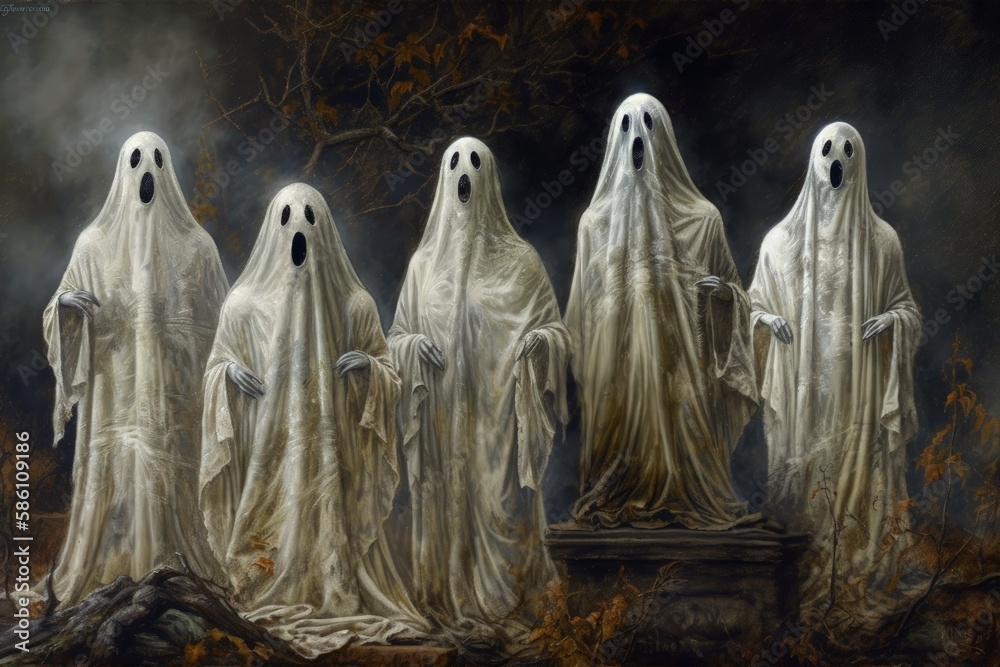 Illustration of ghostly statues gathered around a haunting tree created ...
