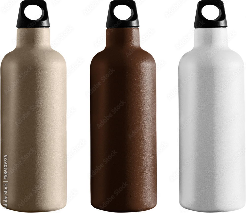 Stainless steel bottles on transparent background. Golden, bronze and ...