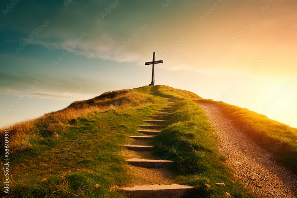 generative ai illustration of cross on the hill, easter concept Stock ...