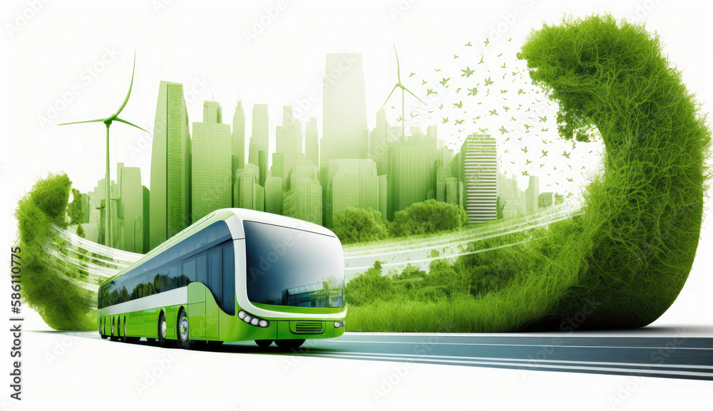 Modern green sustainable bus in highway. Generative AI Stock Illustration | Adobe Stock