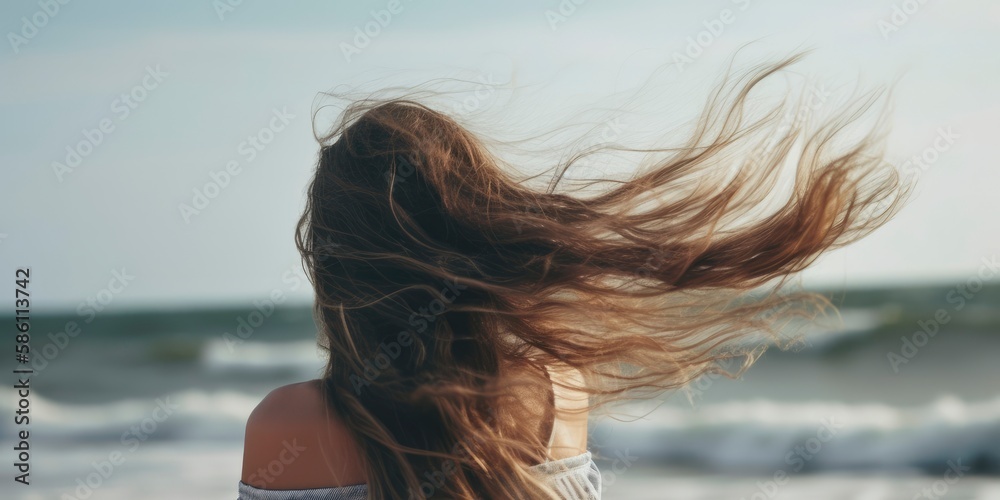 Beautiful woman enjoying wind at beach. Woman relaxing at beach ...