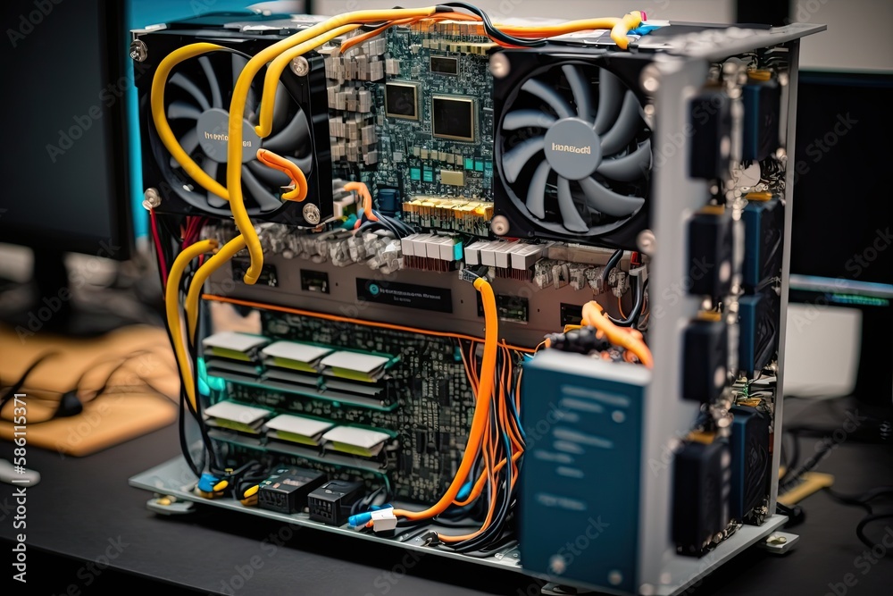bitcoin mining rig, with processors and graphics cards visible, created ...