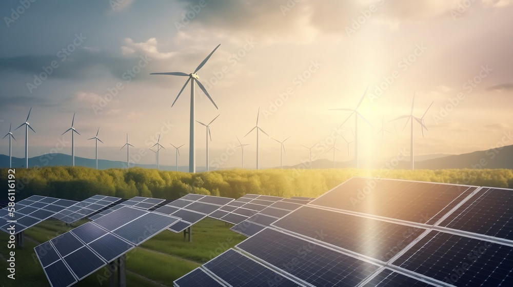 Solar power plants. Photo of wind turbines at rural windfarm: Group of ...