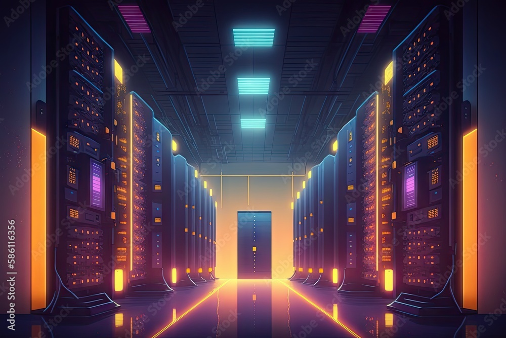 data center, with rows of computers and flashing lights, mining ...