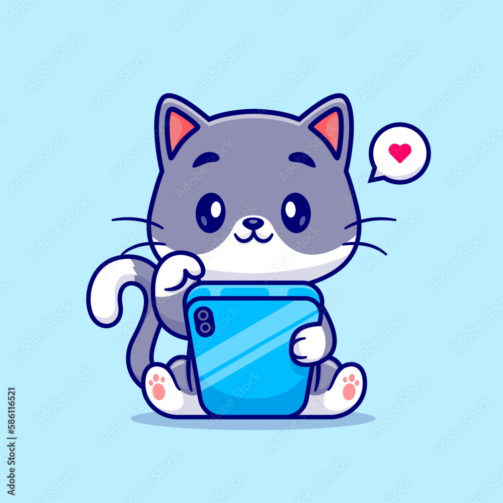 Cute Cat Playing Handphone Cartoon Vector Icon Illustration. Animal ...