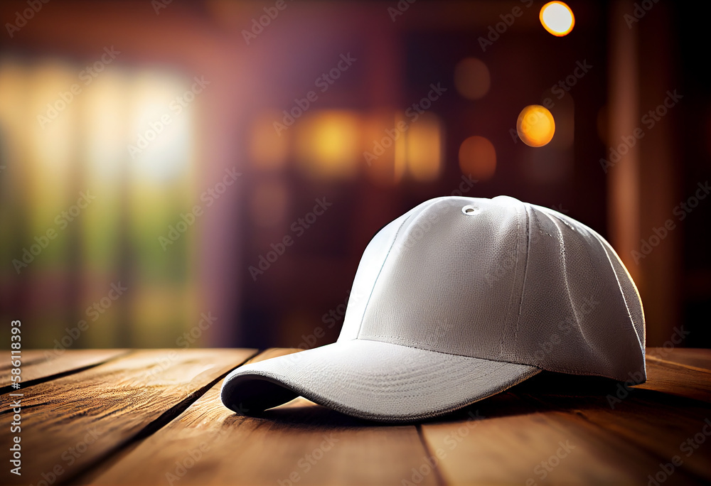 Blank White Hat Template Mockup on Wooden Surface in Modern Interior ...