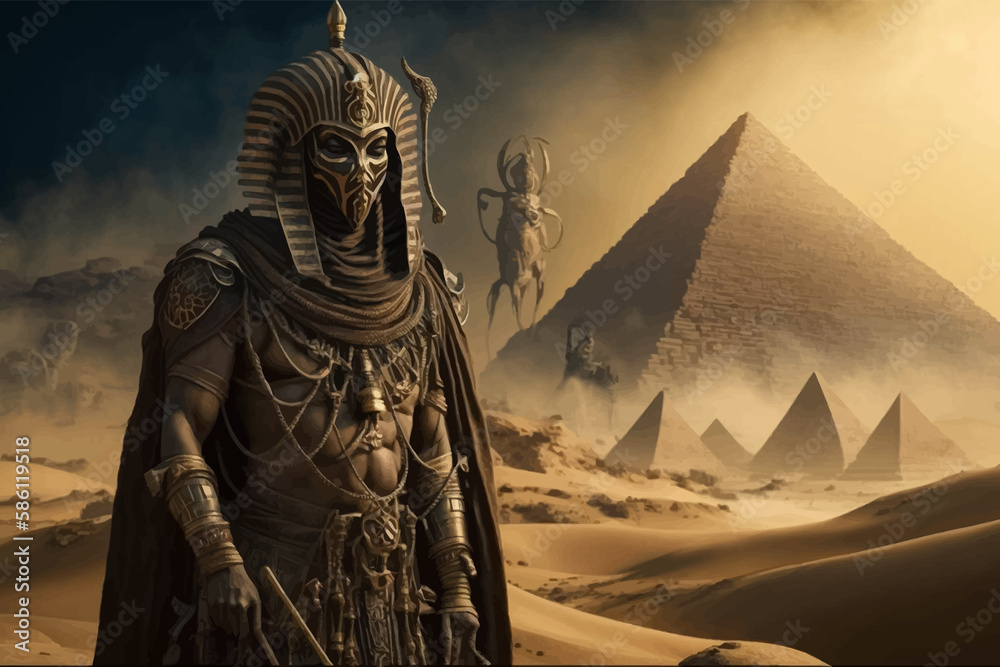 Egyptian pharaoh in the desert with pyramids in the background. Ancient ...