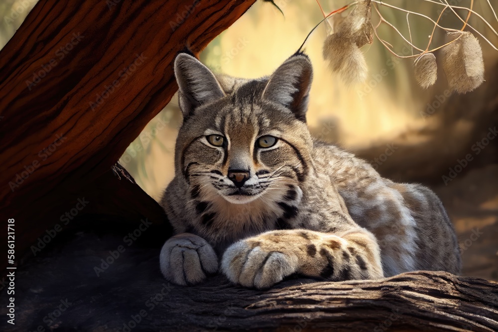 bobcat resting in the shade of a tree, with its head on its paws ...