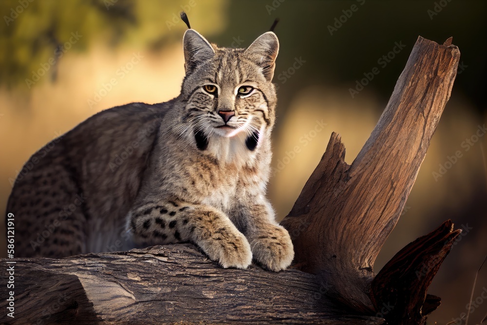 bobcat sitting on fallen tree, surveying its surroundings, created with ...