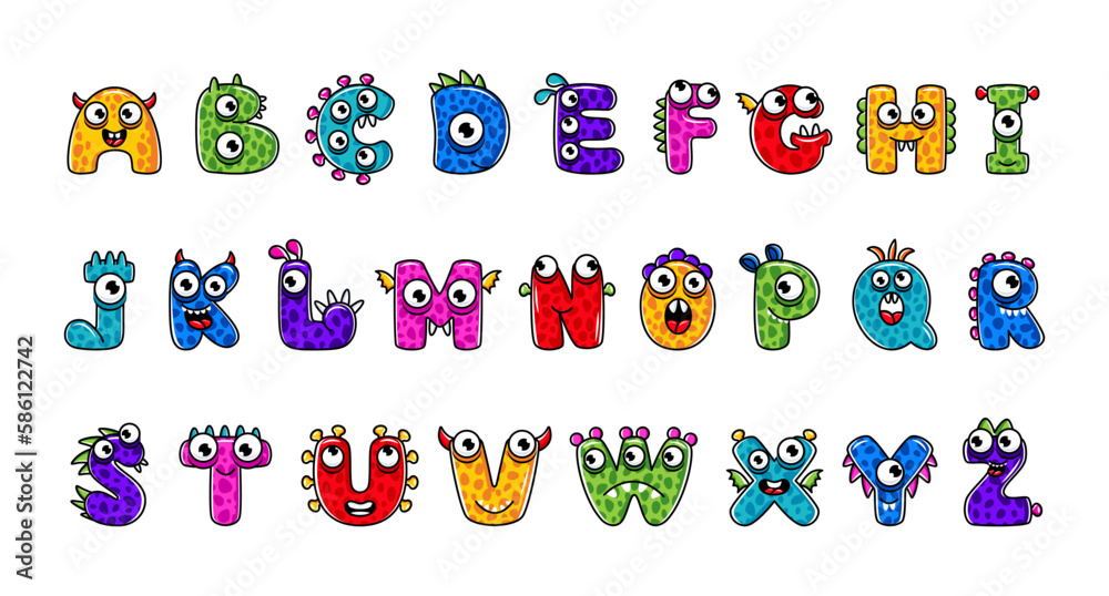 English alphabet with funny monsters, faces and eyes. Set of Monster ...
