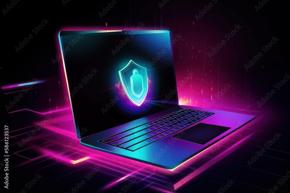 Cyber Security Concept Art: Shield Key Lock Emerging from Laptop Screen ...