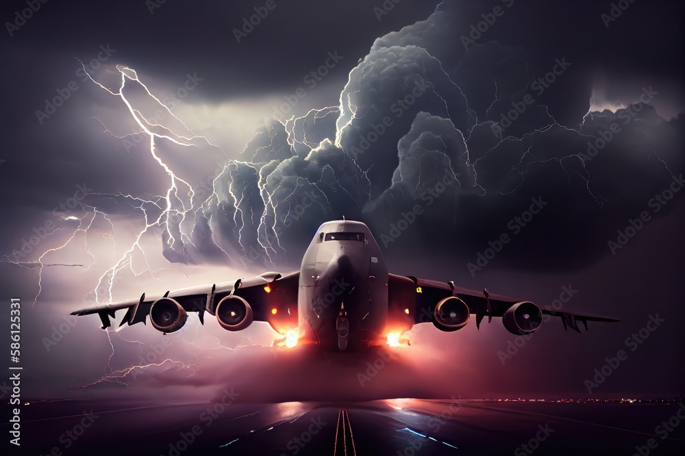 cargo plane flying through stormy sky, with lightning flashes and ...