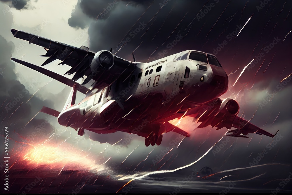 cargo plane flying through the stormy sky, with flashes of lightning ...