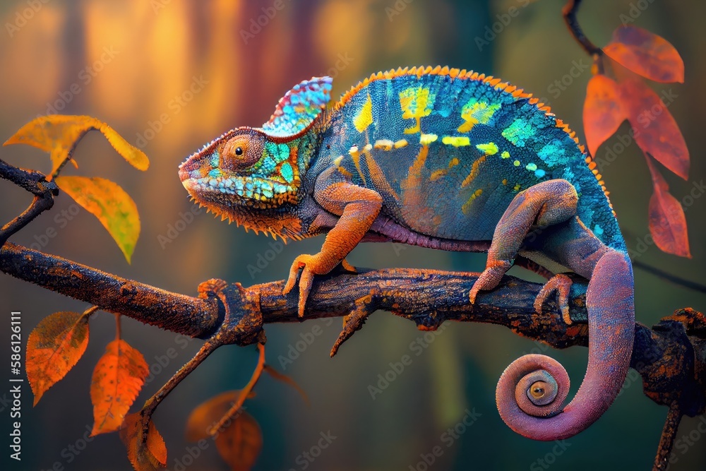 chameleon sitting on tree branch, changing colors to blend in with ...