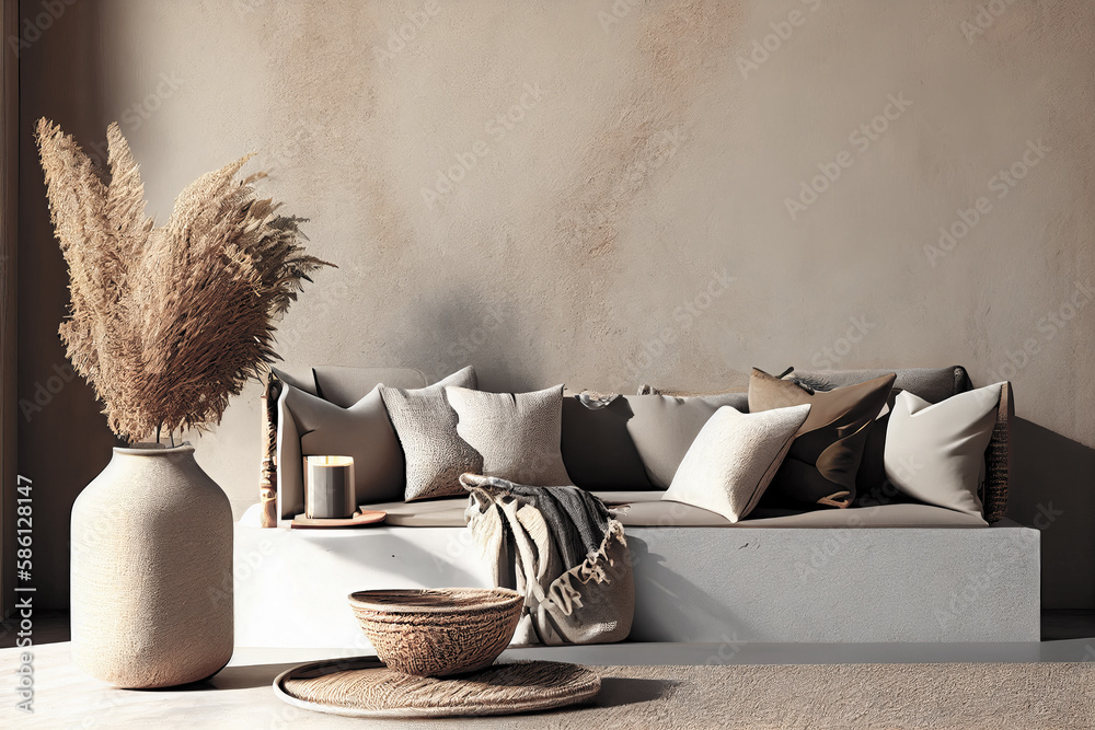Warm neutral wabi sabi style interior mockup with low sofa, jute rug ...