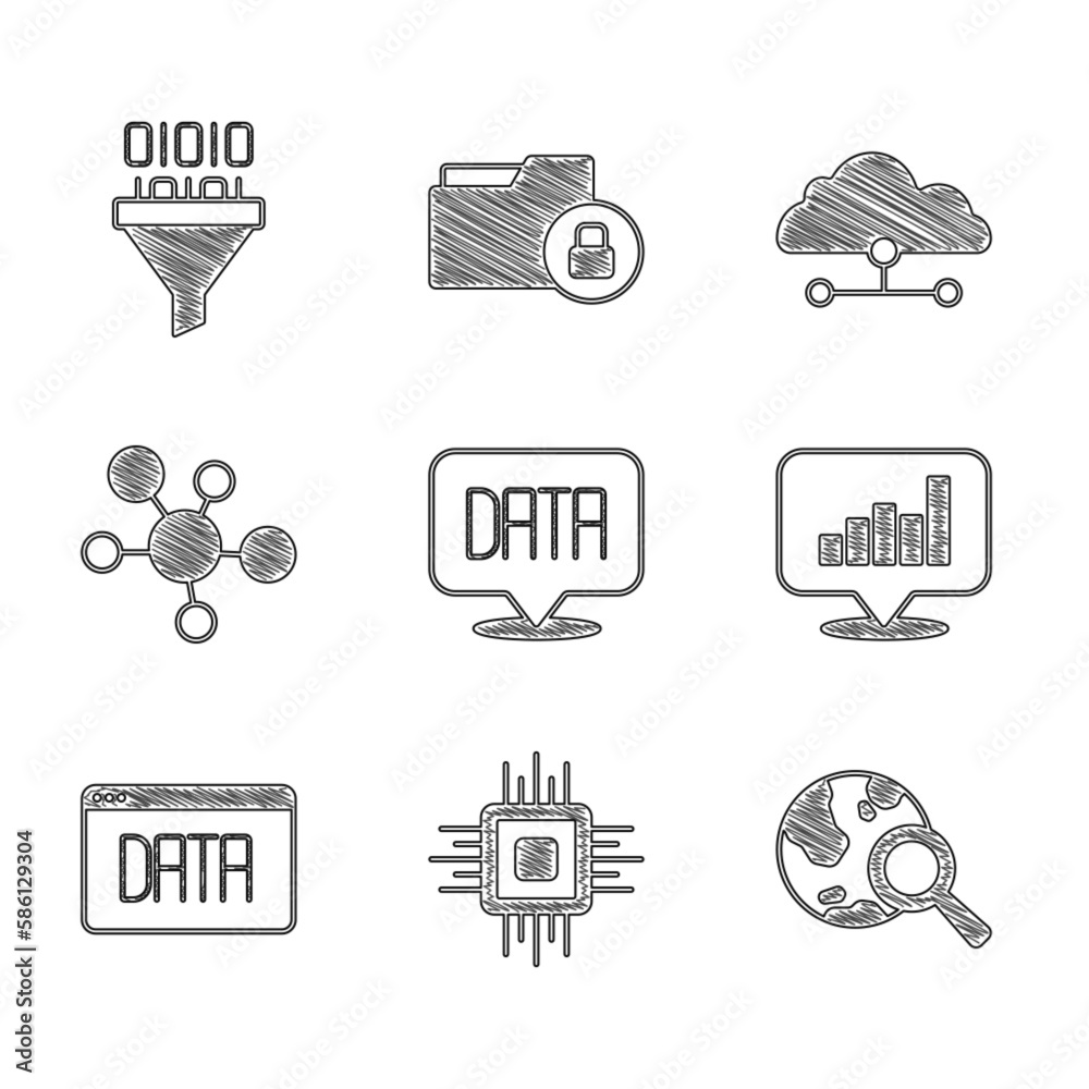 Set Data analysis, Processor CPU, Search globe, Pie chart infographic, Mind map, Network cloud ...