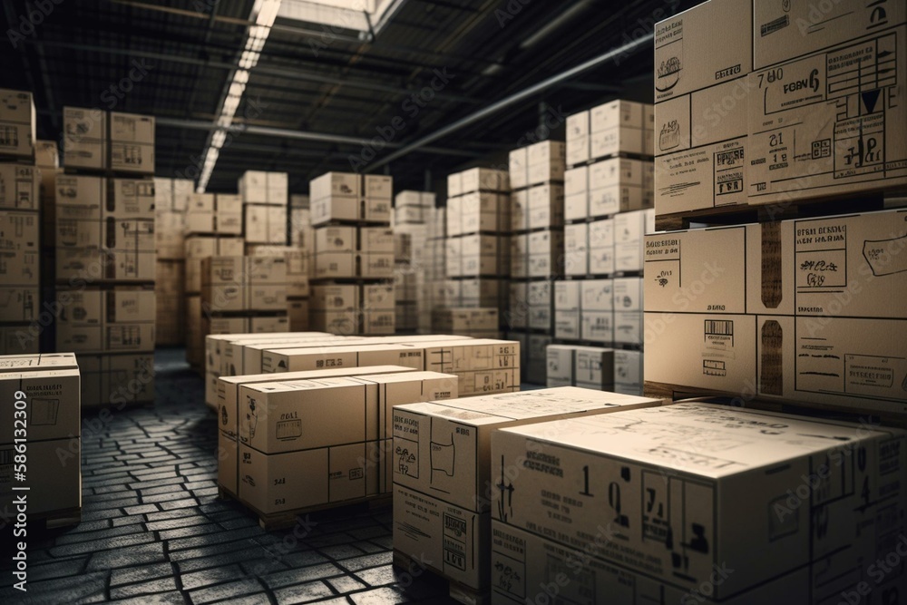 Boxes in logistics center. Cardboard boxes with information stickers ...
