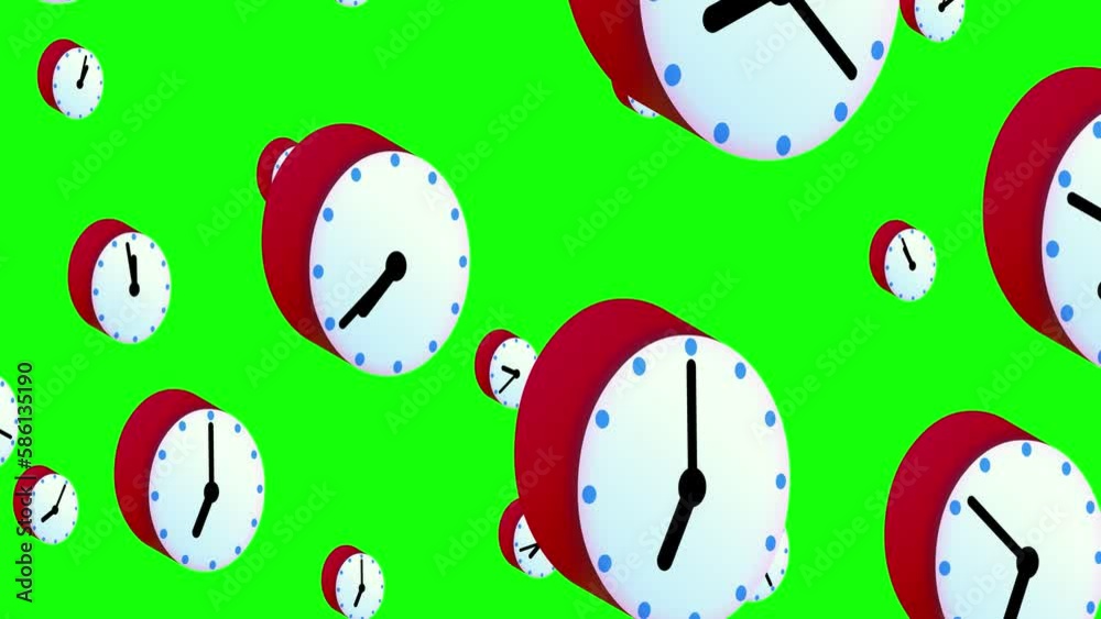 Cartoon counter clocks 12 hours flying on green background ...
