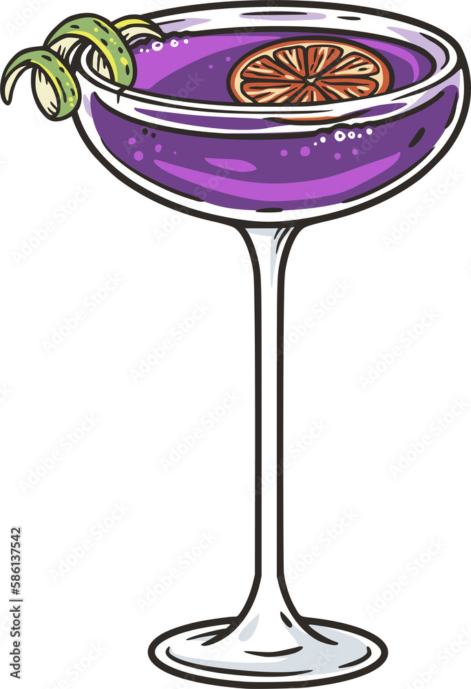 Illustrazione Stock Purple cocktail with lime and orange for vector ...