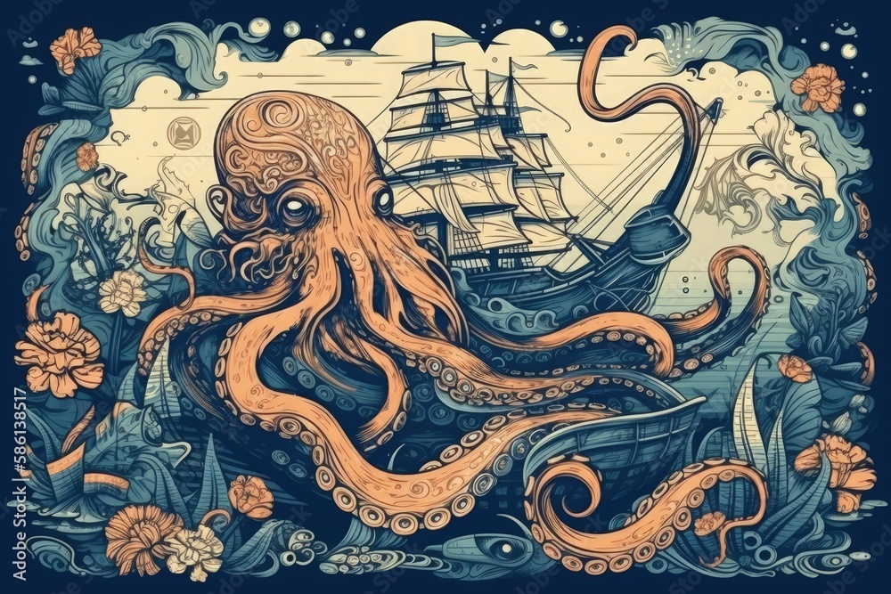 octopus with a ship in the background created with Generative AI ...