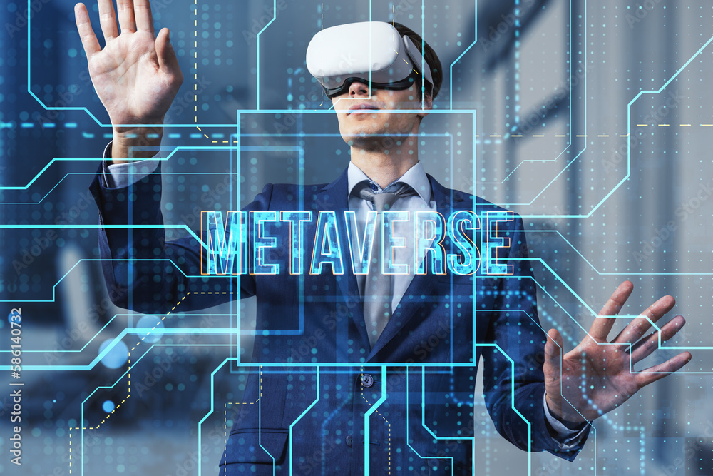 Attractive young european businessman with VR glasses using glowing ...