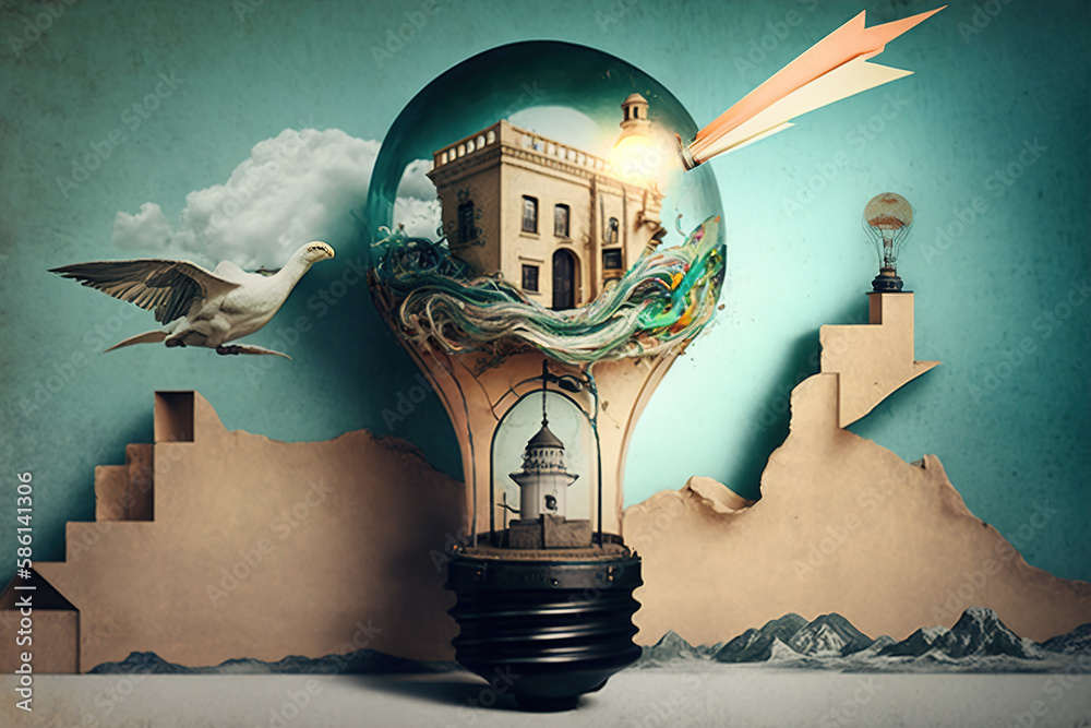 Art collage with the concept of thought process, ingenuity and new ...