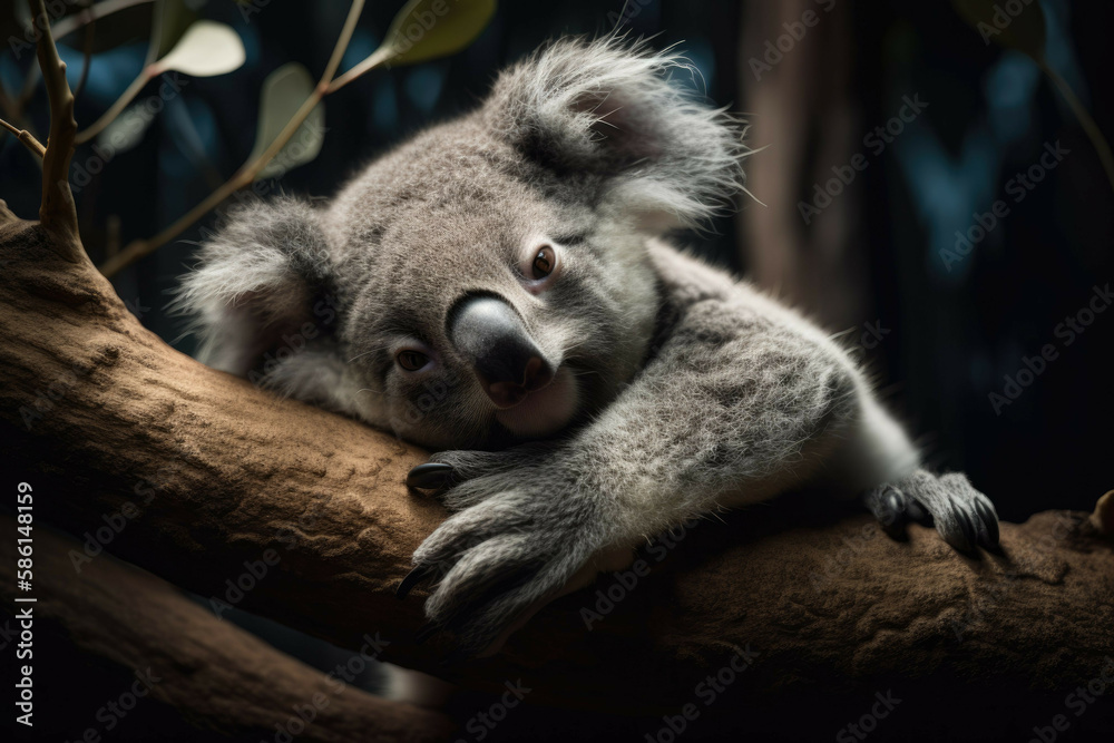 A baby koala bear sleeping in a tree, its arms hugging a branch while ...