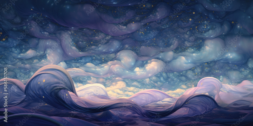 Cosmic windblown floating fabric folds as dreamlike ocean waves, deep ...