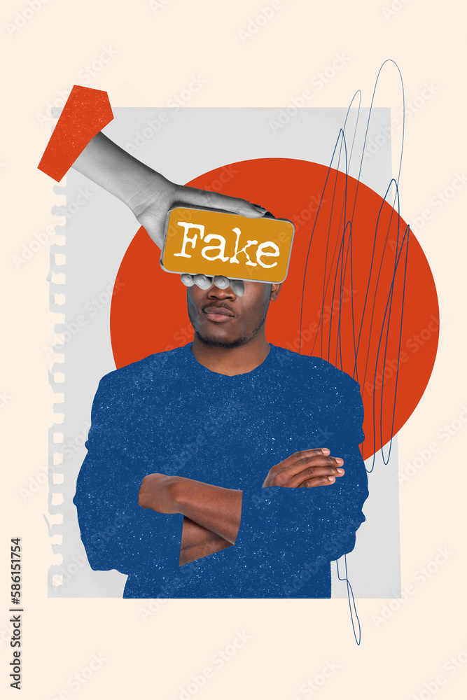 Composite photo collage of young serious propaganda reader man folded ...
