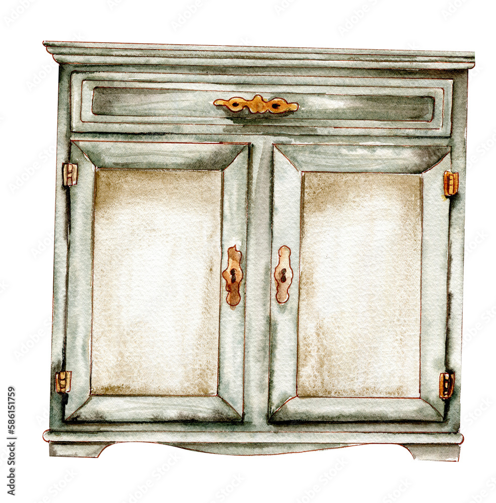 Hand drawn watercolor vintage style cupboard. Isolated furniture for ...
