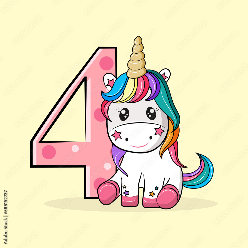 baby card with cute unicorn, invitation to the fourth birthday a ...