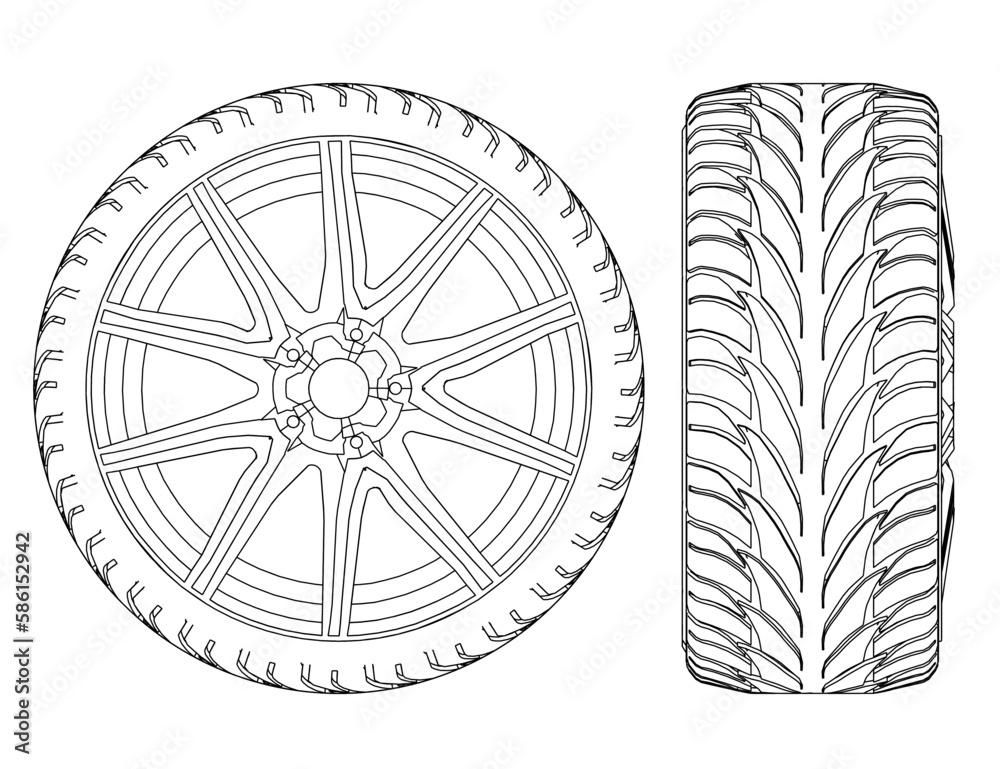 Outline of an automobile wheel from black lines isolated on a white ...