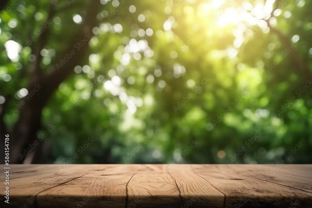 Garden Table. Wooden Background with Green Plants, Trees and Leaves in ...