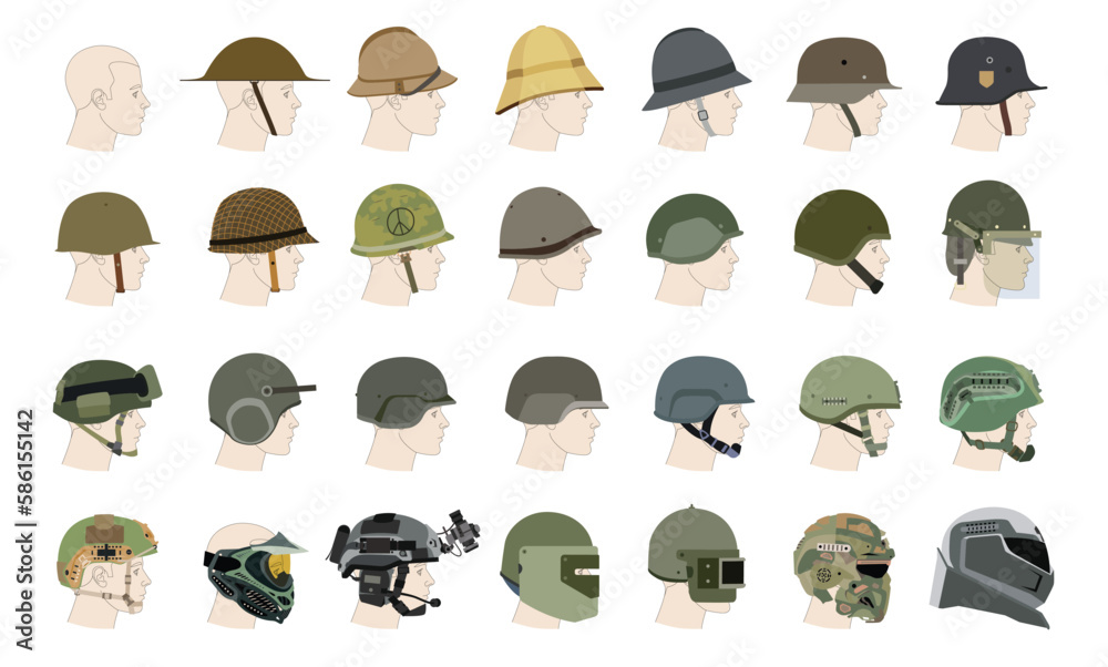Vector illustration of old and modern Military helmets. Helmets of ...