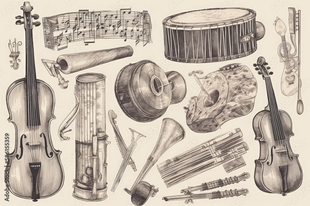 Illustration of various musical instruments and equipment created with ...