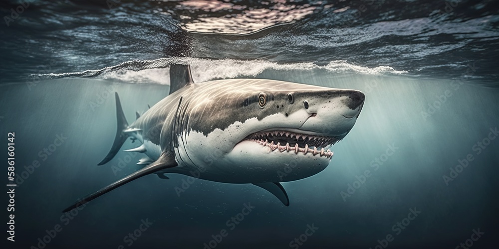 Large white shark swimming in the ocean. Big shark underwater ...