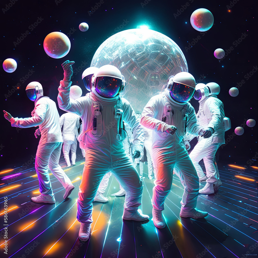 Generative AI illustration of full body anonymous astronauts dancing on ...