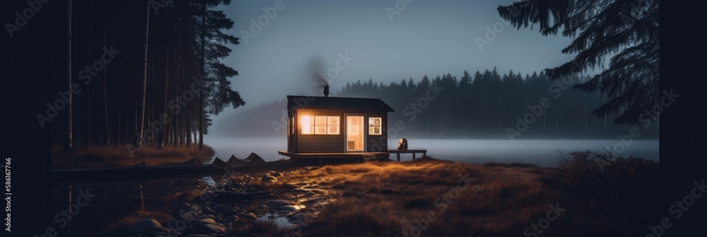 Secluded wooden tiny house in beautiful nature beside lake at night ...