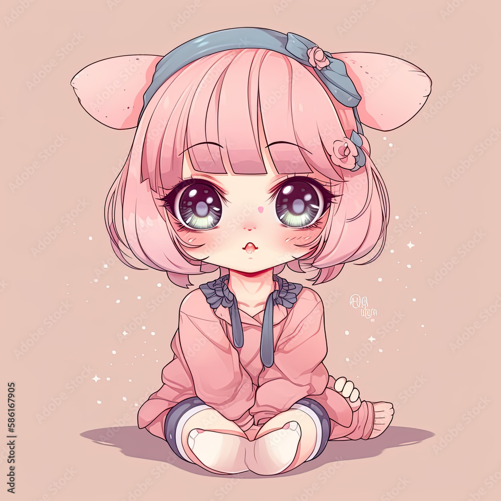 Cute fluffy young anime girl. Generative AI Stock Illustration | Adobe ...