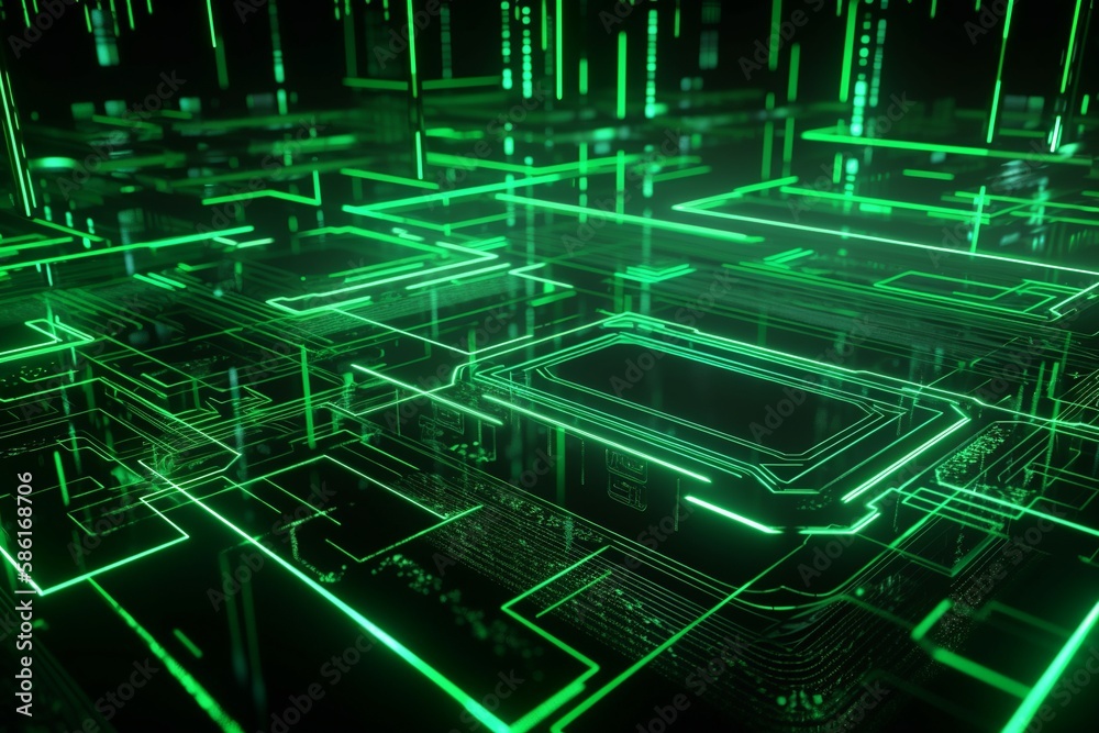 A futuristic abstract background featuring a glowing microchip with green neon fluorescent light ...