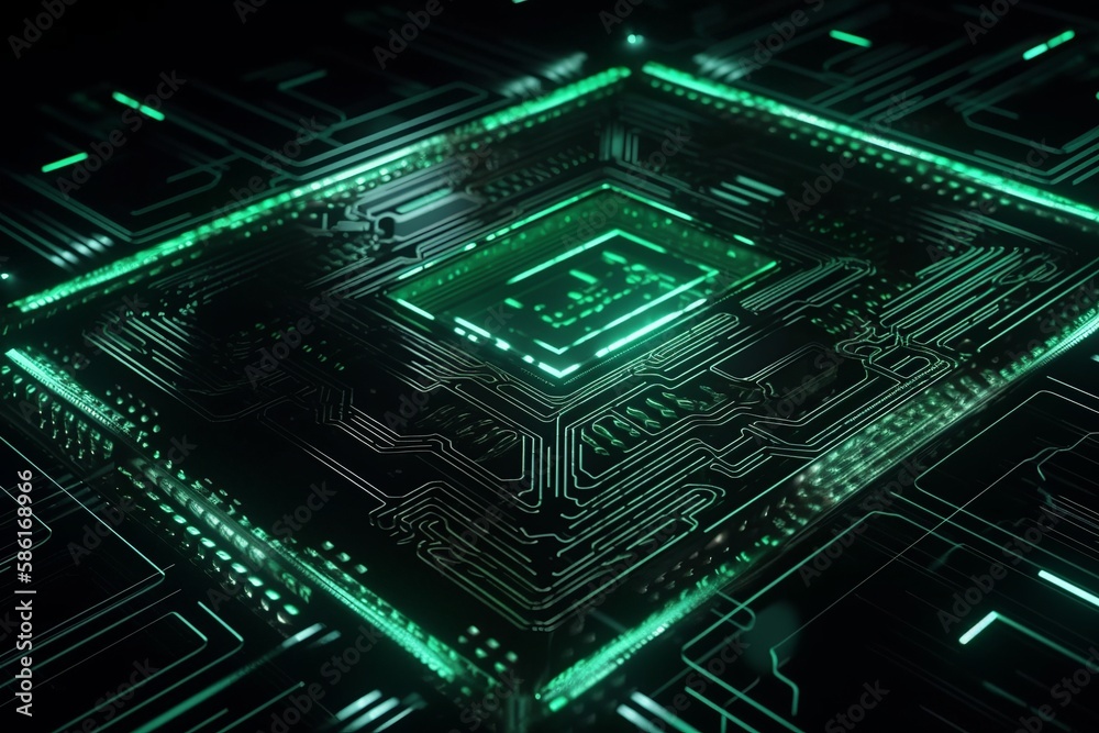 A futuristic abstract background featuring a glowing microchip with ...