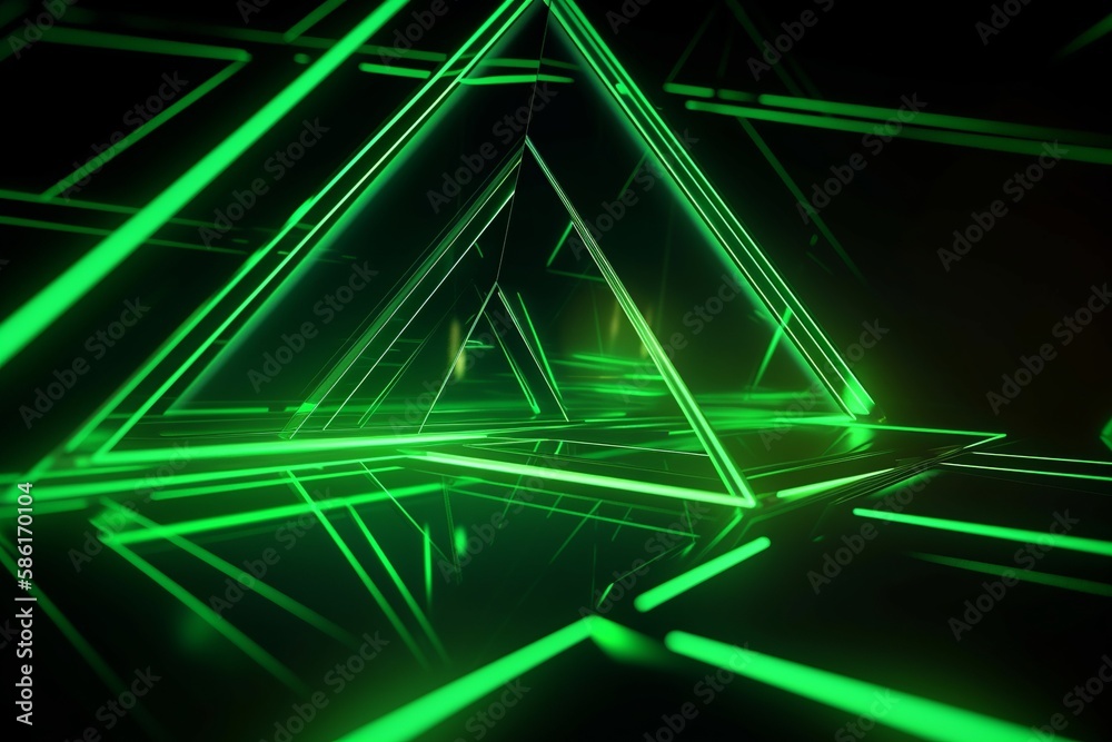 abstract green neon background features a triangular shape, laser rays ...