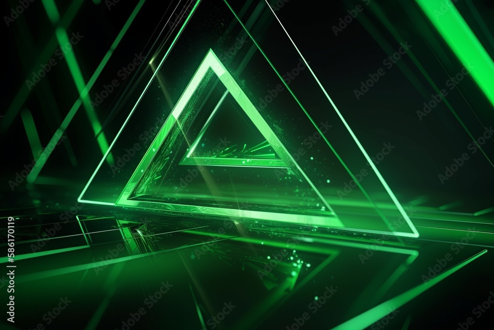 abstract green neon background features a triangular shape, laser rays ...