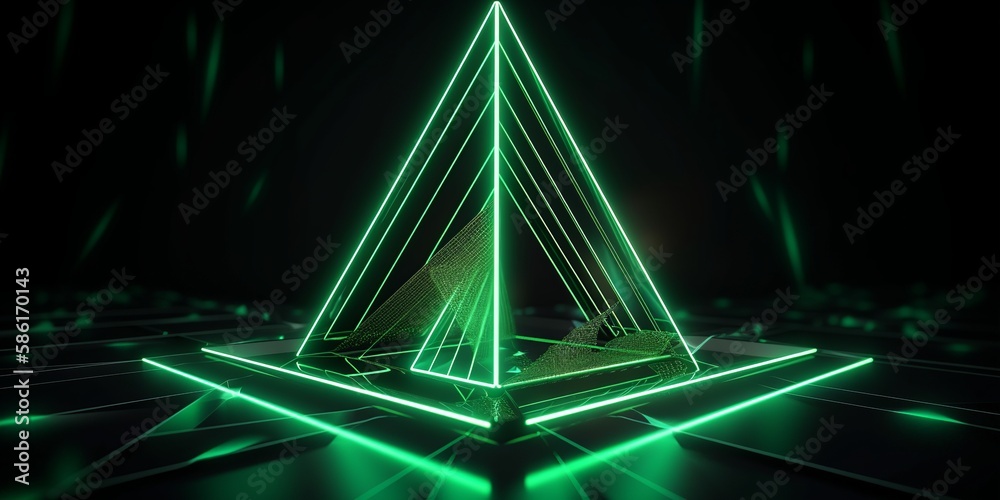 abstract green neon background features a triangular shape, laser rays ...